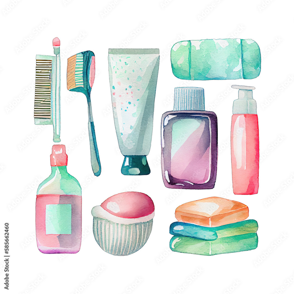 Watercolor clipart of a Personal hygiene items. Transparent background ...