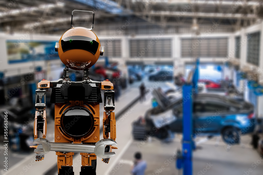 Robot Technology AI fix car repair on car Lift in garage dealership Fix ...