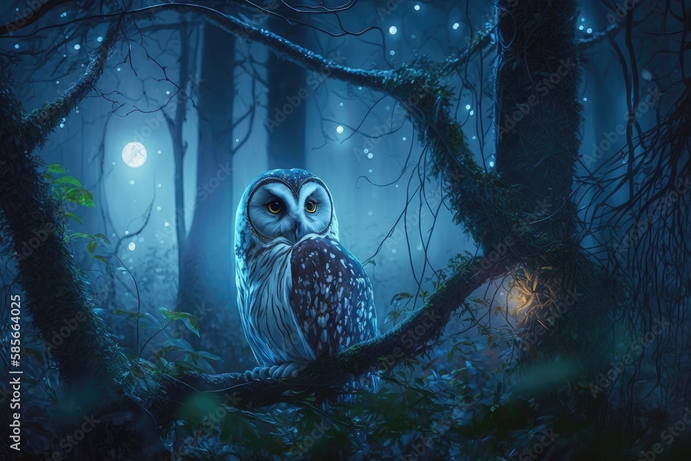 owl hooting in moonlit forest, with the glow of the moon shining ...