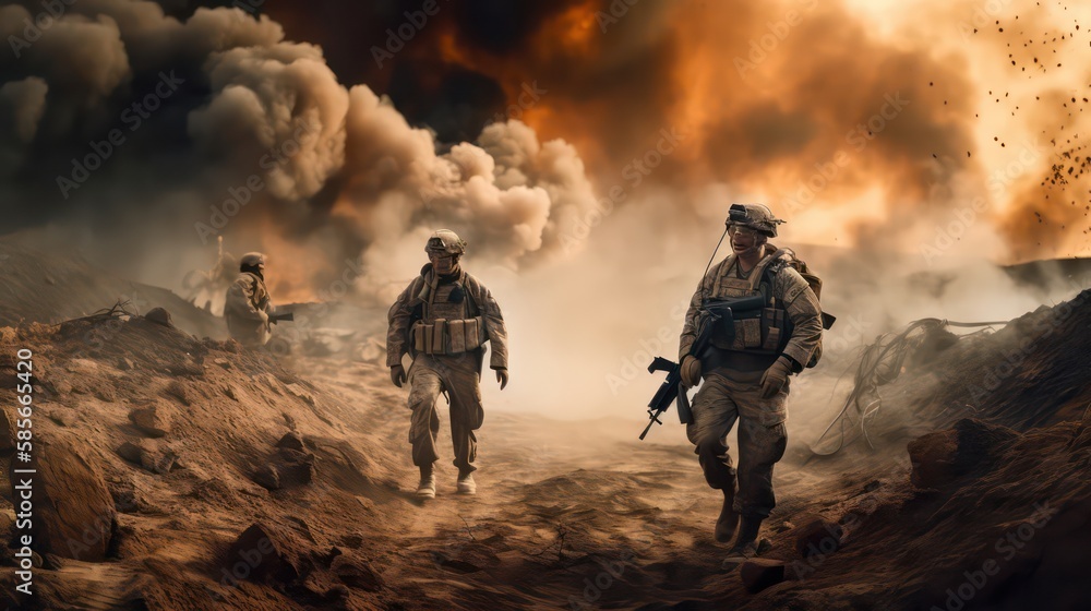 military special forces soldiers crosses destroyed warzone through fire ...