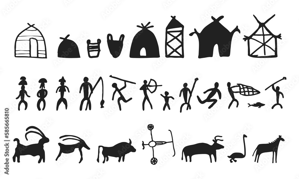 Cave painting prehistoric rock art hand drawn sketch style vector illustration set. Rock age ...