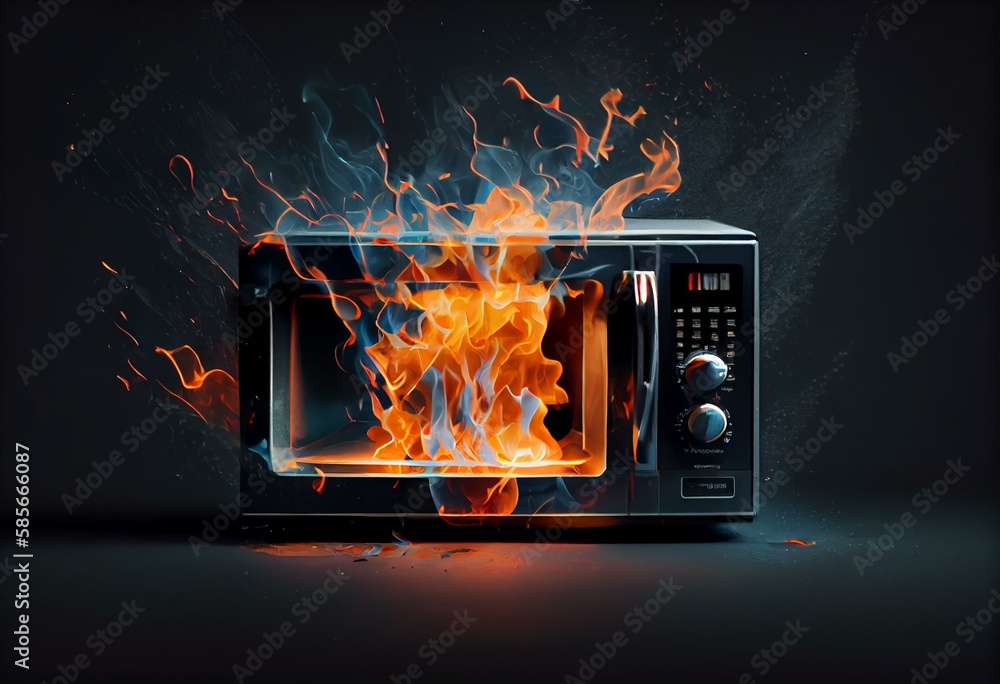 microwave oven on fire. the concept of fire in the kitchen and ...