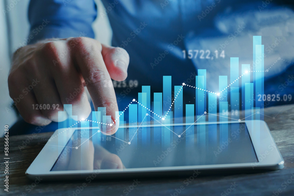 financial technology and business analytics with column chart and ...