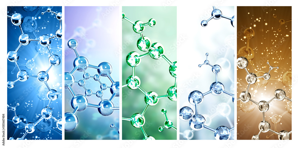 Set of vertical banners with models of abstract molecular structure ...