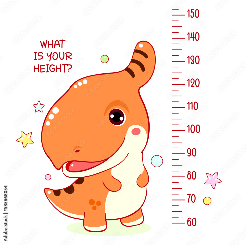 Height chart with kawaii baby dinosaur. Kids meter with cute little ...