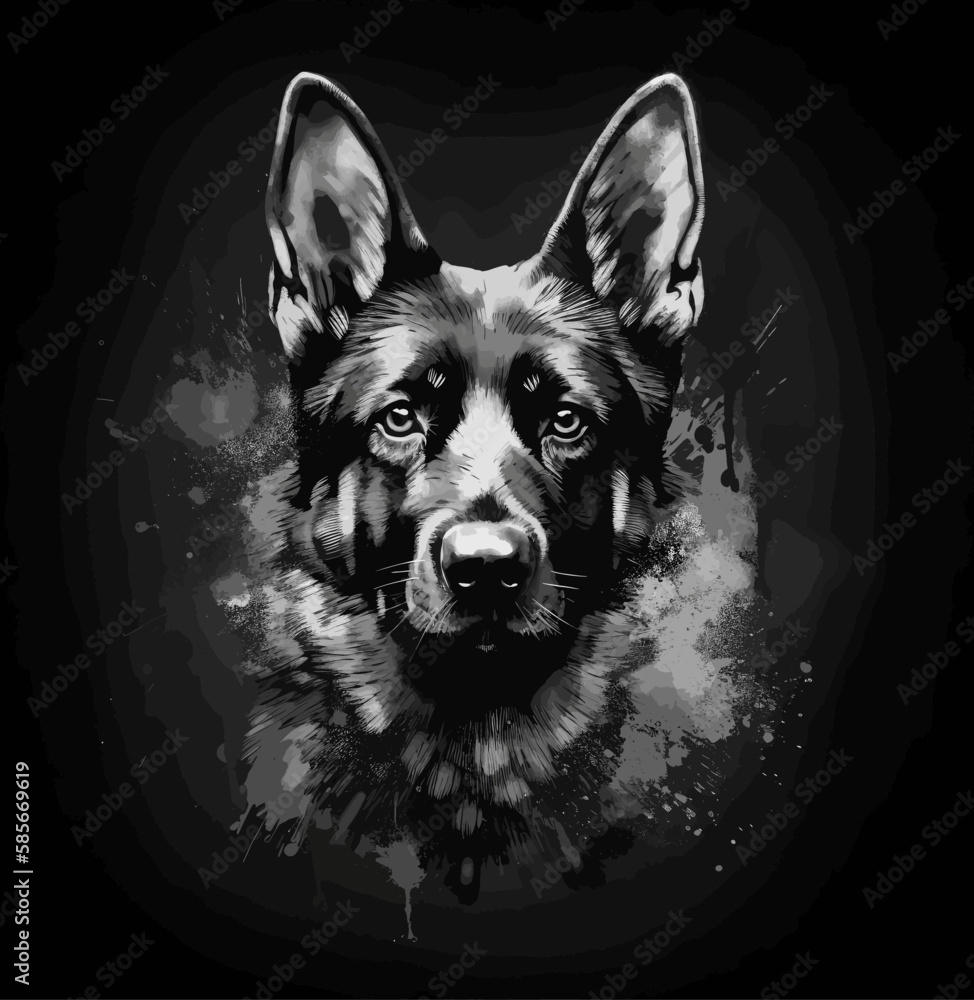 Black and white splat paint style close portrait of a German Shepherd ...