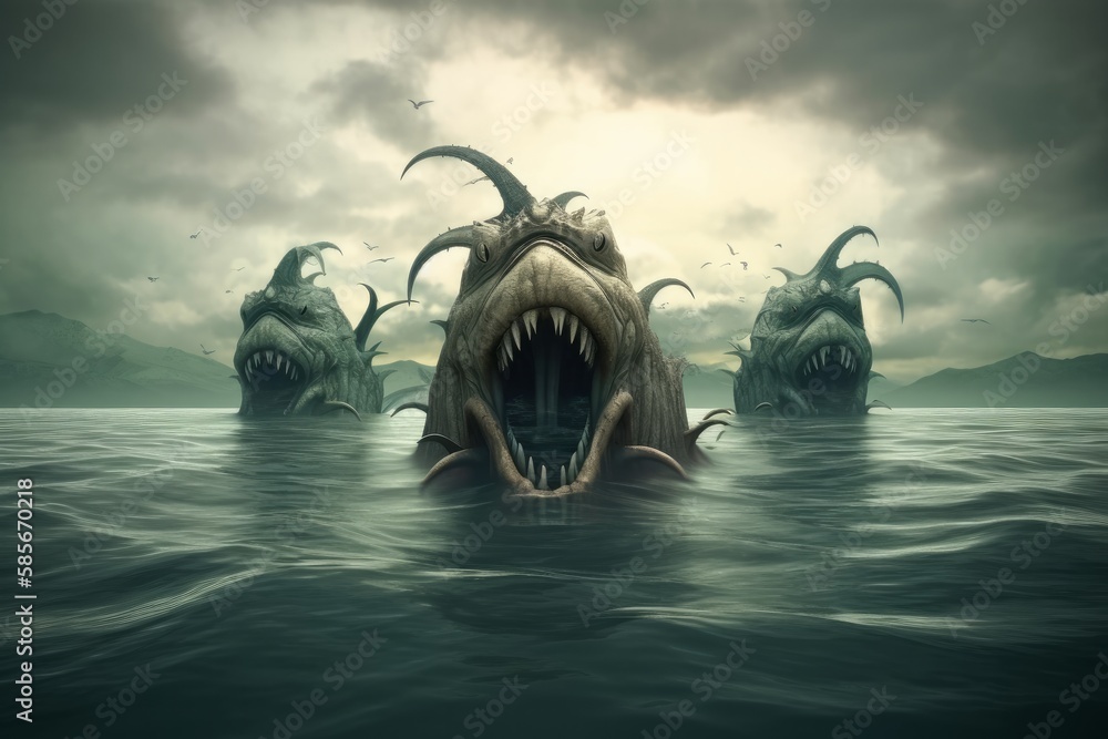 the Power of Three-Headed Sea Monsters: A Fantasy Digital Art Landscape ...