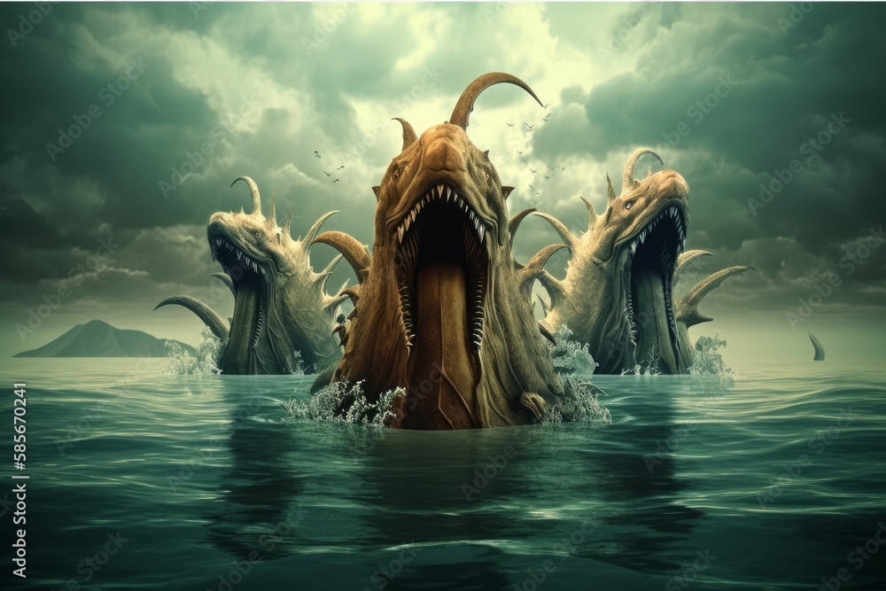 the Power of Three-Headed Sea Monsters: A Fantasy Digital Art Landscape ...