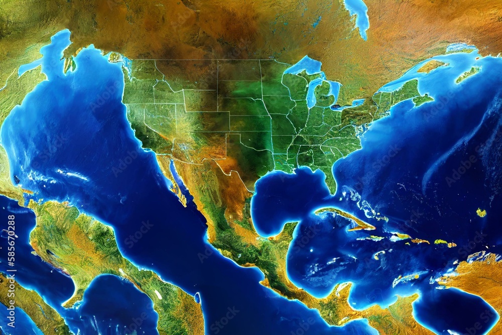 Physical map of North America, with high resolution details. Flattened ...
