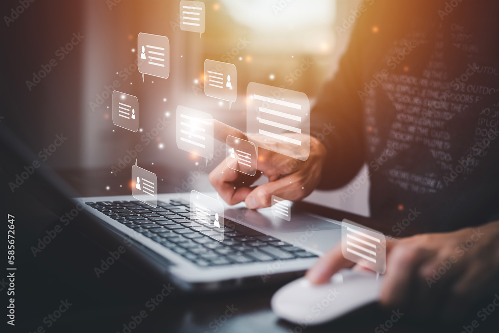 Businessman hold Laptop and touch Chat bot Chat with AI, Artificial ...