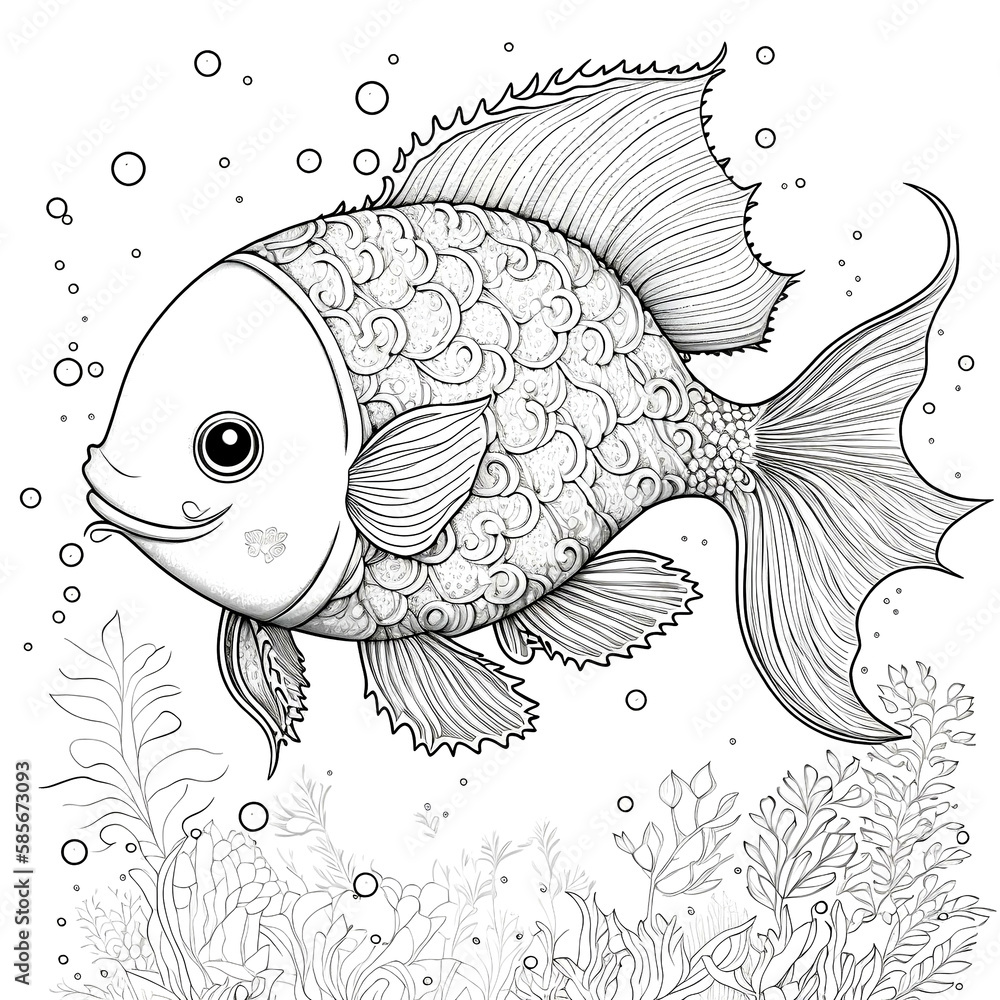 Cute fish in under water outline illustration. Sketch and concept of ...