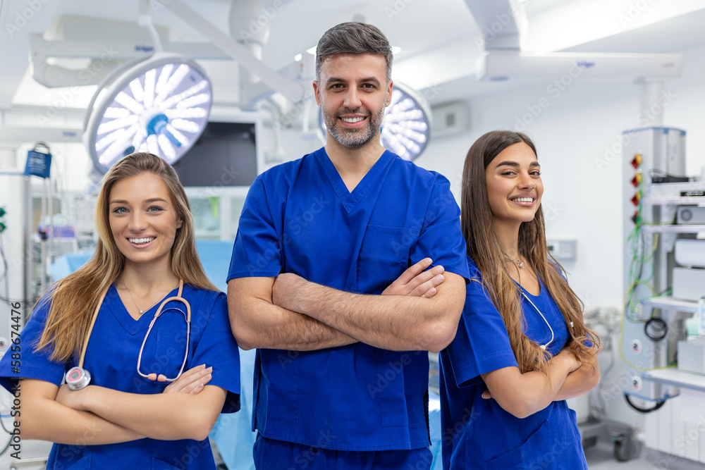 Closeup front view of group of mixed age doctors and nurses standing ...