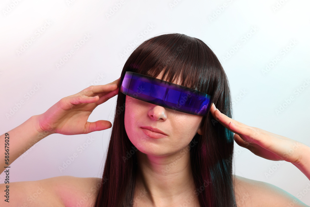 Beautiful female chatbot with futuristic glasses thinking about a ...