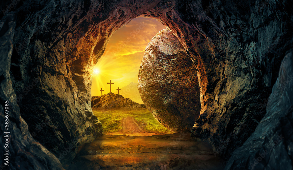 Empty tomb of Jesus with crosses in the background. Stock Illustration ...