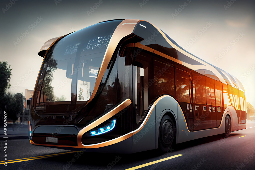 Futuristic electric passenger city bus driving trough modern town ...