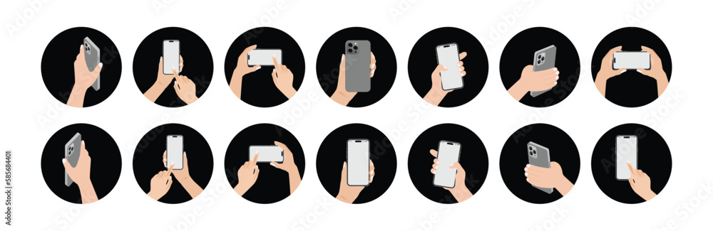 Hand holds the mobile phone in horizontal and vertical positions with a ...