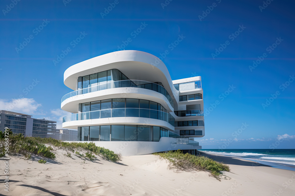 bâtiment en bord de mer sur la plage, architecture aux lignes courbes ...