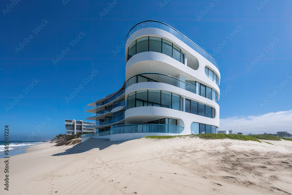 bâtiment en bord de mer sur la plage, architecture aux lignes courbes ...