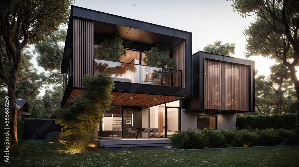 Villa moderne et design à énergie positive, vue au moment du couché de ...