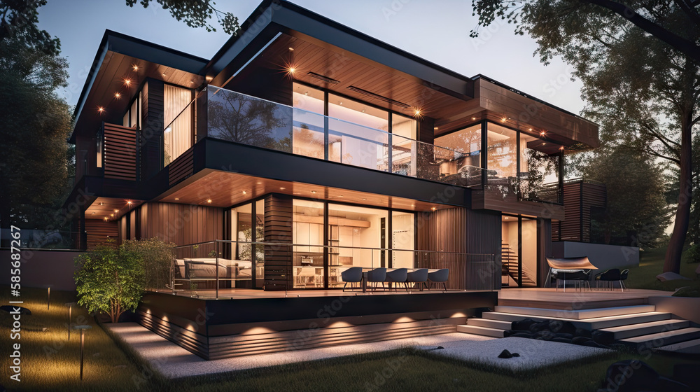 Villa moderne et design à énergie positive, vue au moment du couché de ...