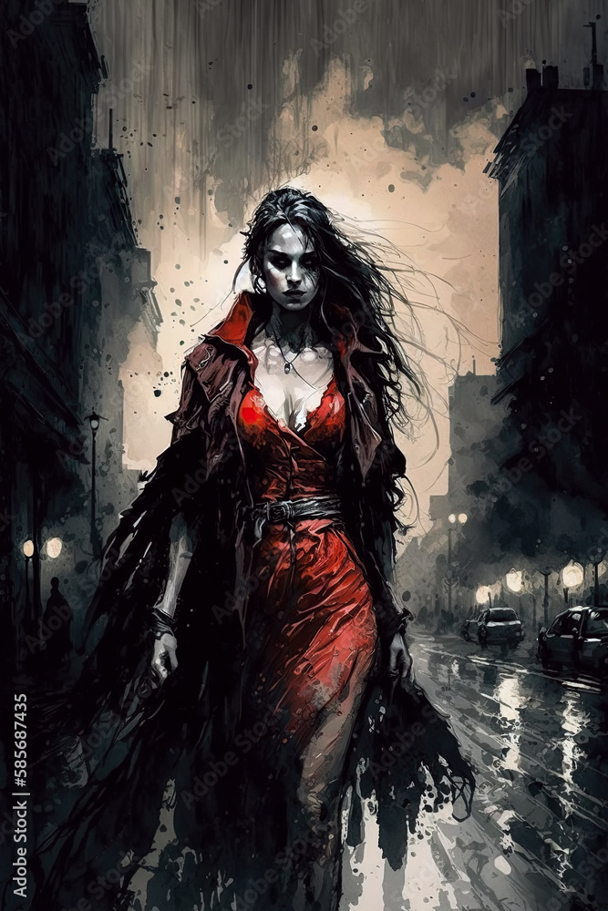 vampire woman in a red dress at night in city. Generative AI ...