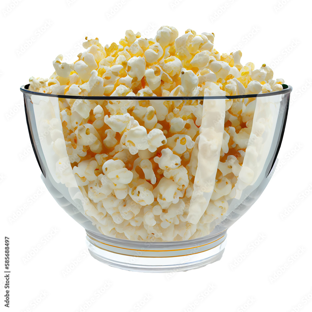 Popcorn flakes in glass bowl. Isolated 3d realistic transparent cup of ...