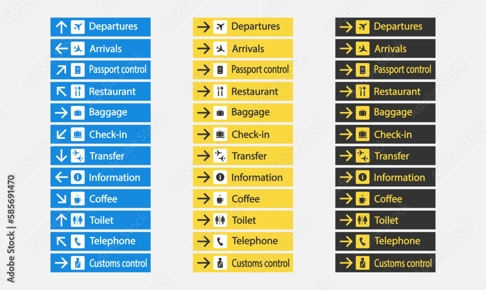 set of airport icons. Visual informative pointers for orientation in a ...