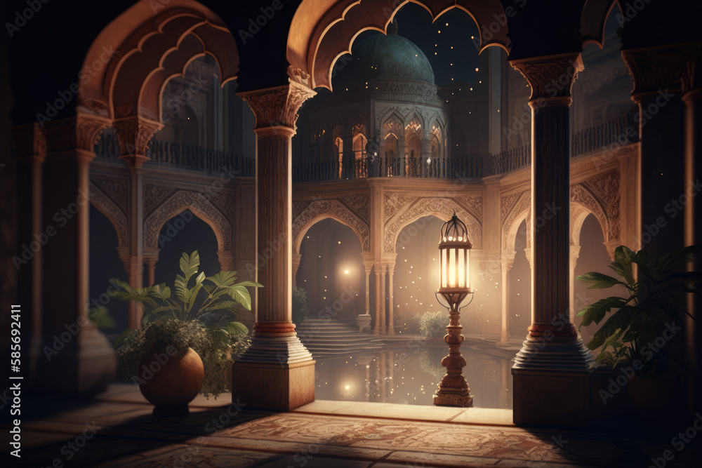 Abstract Islamic interior, lantern, arches, pool. Ramadan Lantern ...