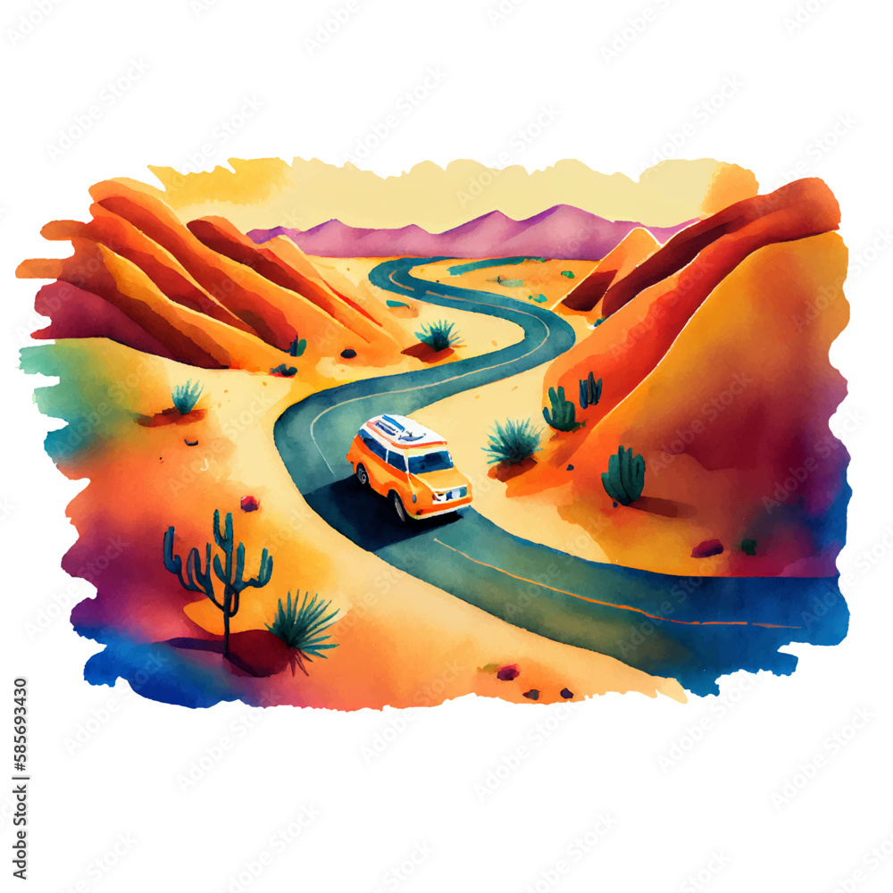 Car driving in desert hot vector summer watercolor landscape with ...