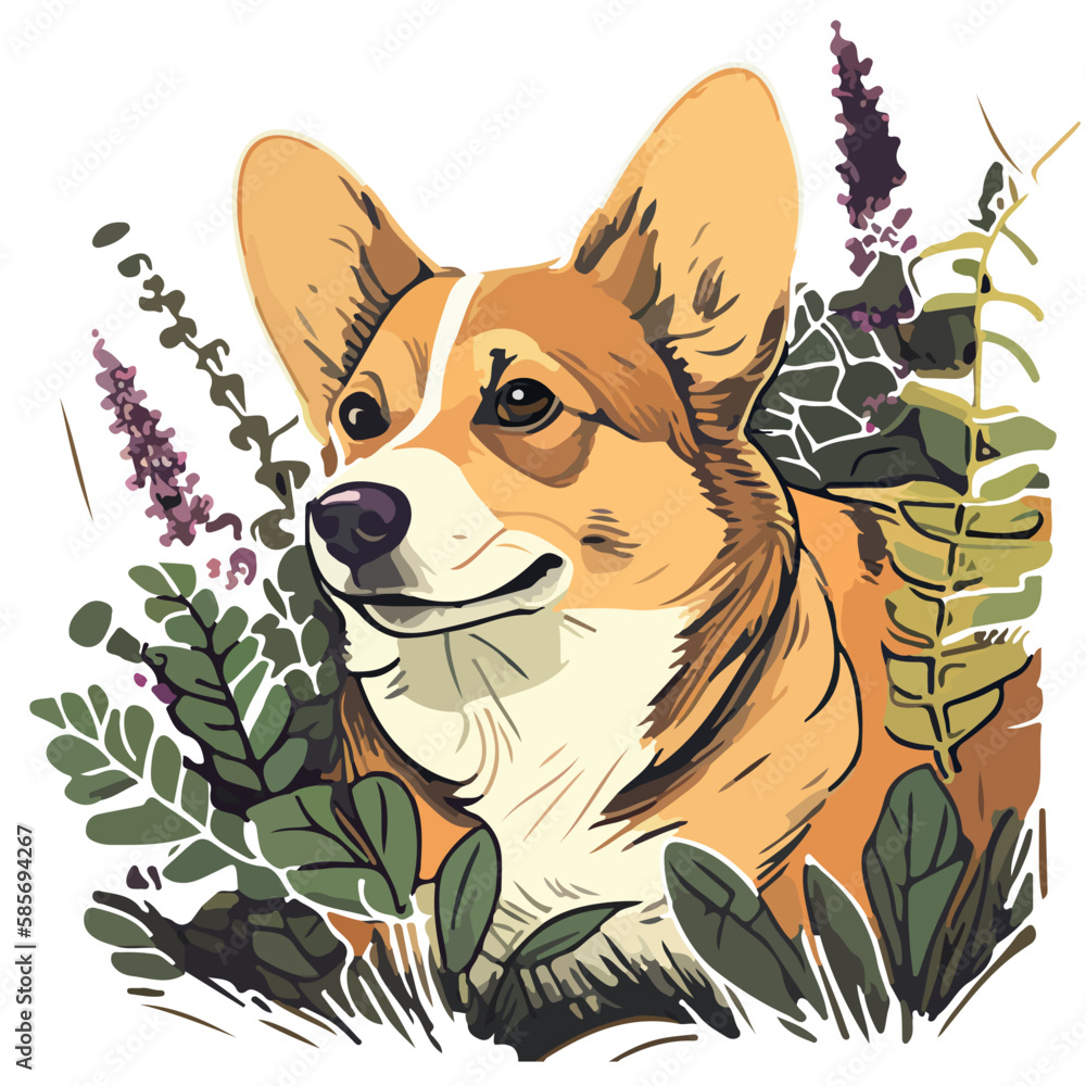 Funny dog ??in the bushes. Dog looks out of the bushes, drawing for ...