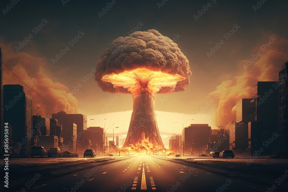 catastrophic nuclear explosion in modern city, with towering flames and ...