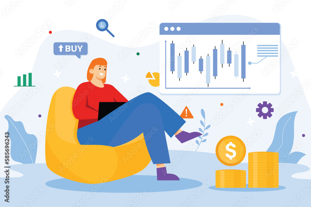 Stock market color concept with people scene in the flat cartoon style ...