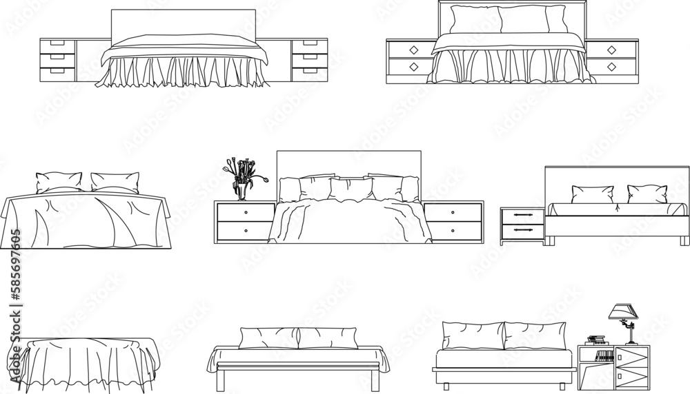 Vector sketch illustration of vintage modern classic magnificent bed ...