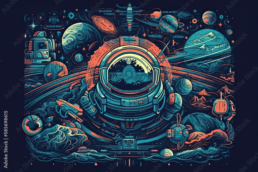 Space, science fiction, future. Vector retro illustrations of astronaut ...