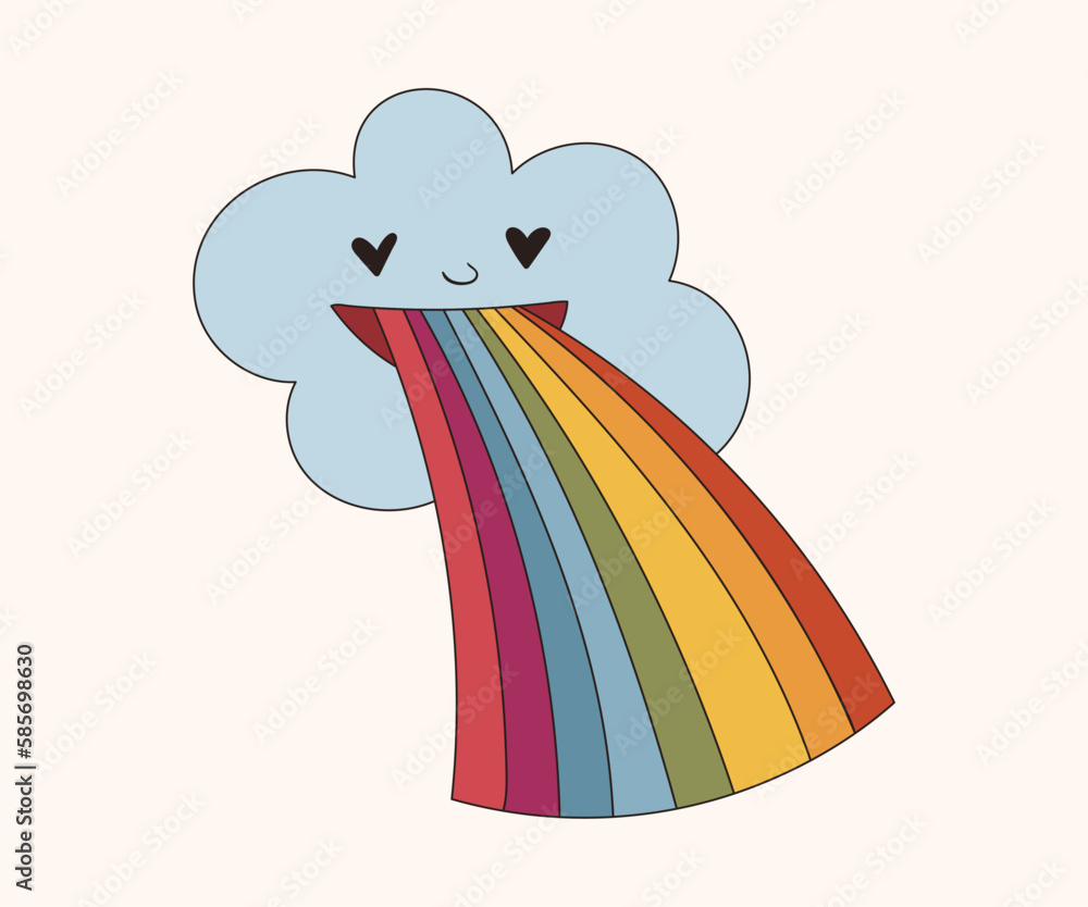 Groovy retro isolated clip art with funny cloud and rainbow, 70s ...