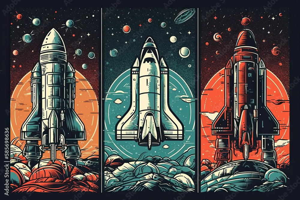 Space rocket flying through a black hole - retro poster. Rocketship in ...