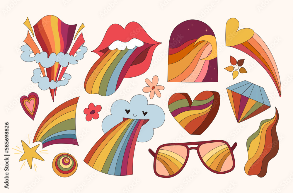 Groovy retro isolated clip art bundle, 70s nostalgia, old fashioned ...