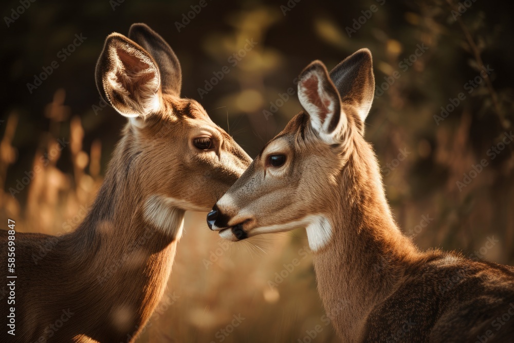 two deer standing side by side in a forest clearing. Generative AI ...