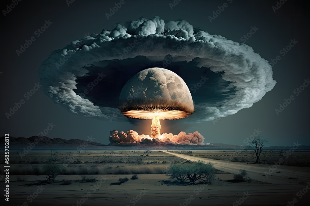 nuclear bomb explosion, with mushroom cloud and shock wave visible ...