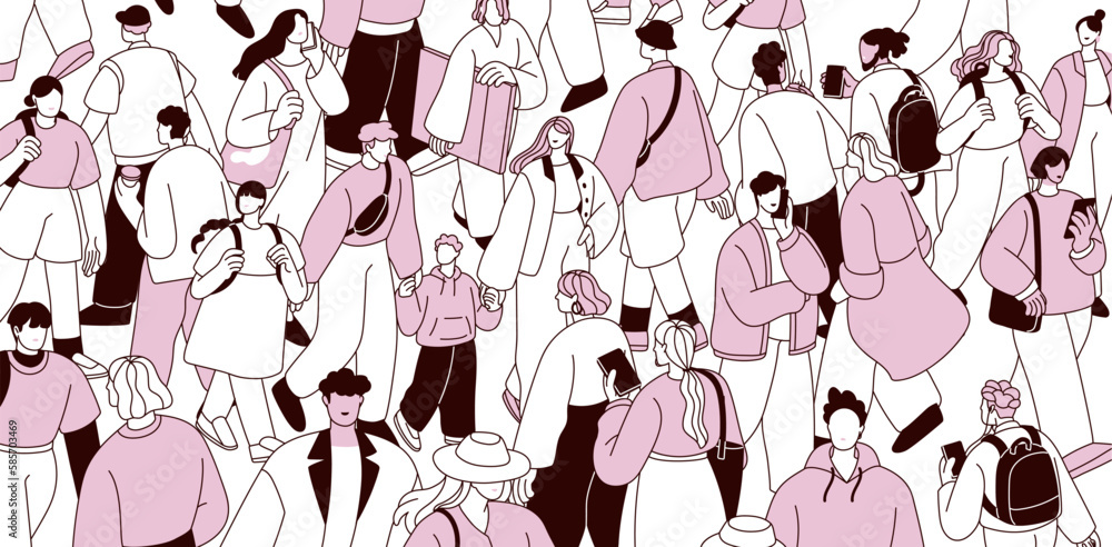 Crowded city, many people going on street. Pedestrians traffic at rush ...