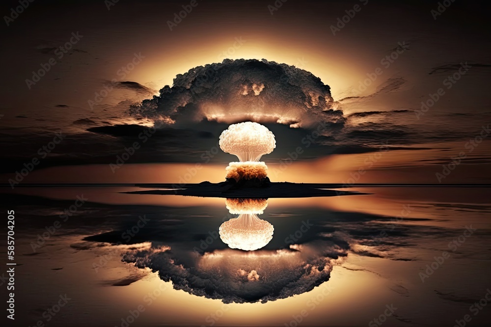 reflection of nuclear explosion on calm, nighttime water surface ...