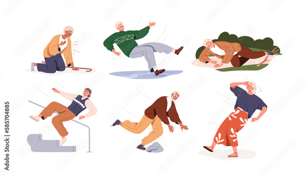 Vektorová grafika „Old people fall down set. Senior men, women falling ...