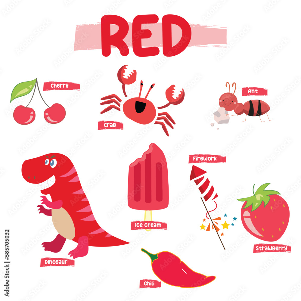 Set of red color objects. Primary colours flashcard with red elements ...
