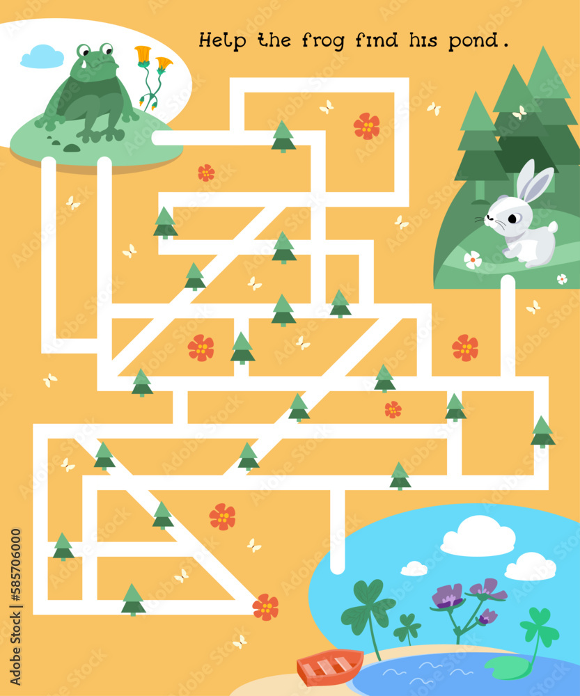 Help the frog find his pond. Maze for children. Puzzle for kids. Vector illustration in cartoon ...