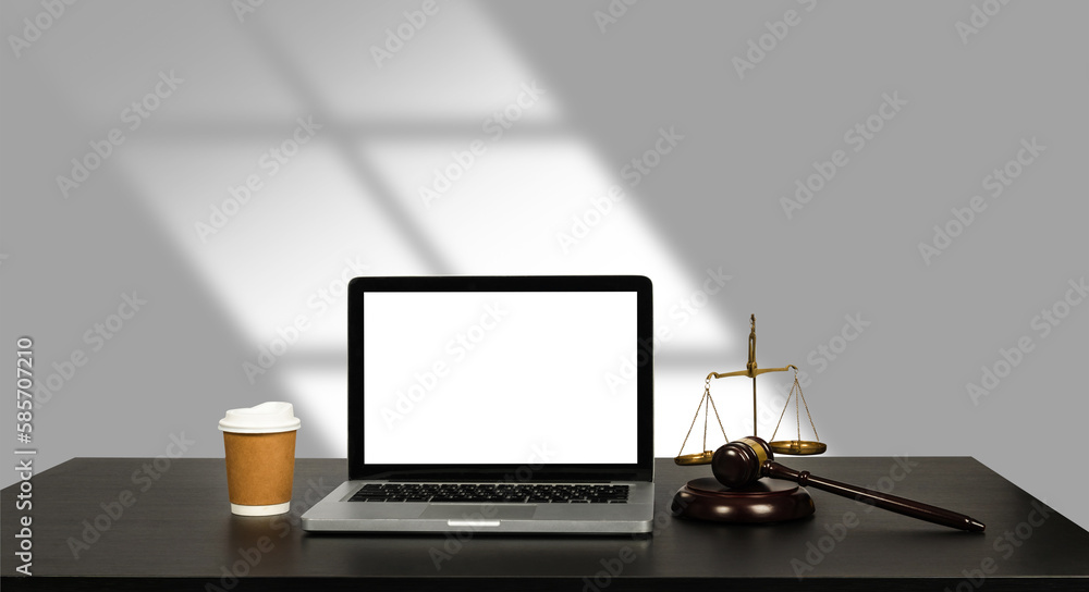 Workspace of lawyer with laptop blank white screen and law wooden gavel ...