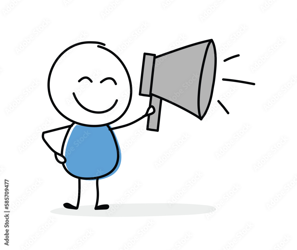 Funny cartoon stickman talking through a speaker. Hand drawn icon ...