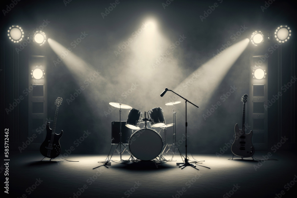 Photo & Art Print Empty stage with a set of drums under the spotlight ...