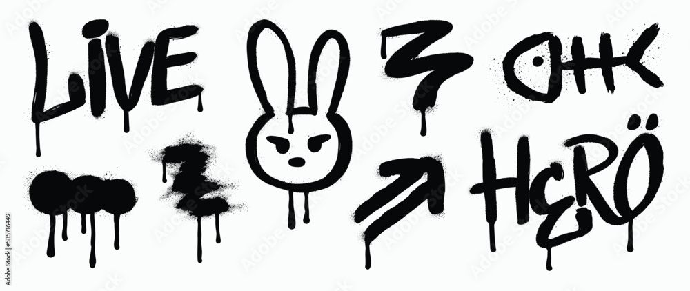 Set of graffiti spray pattern. Collection of black symbols, arrow ...