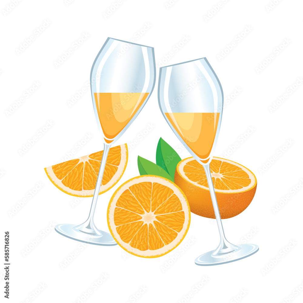Mimosa cocktail with oranges icon set vector. Two champagne flutes with ...