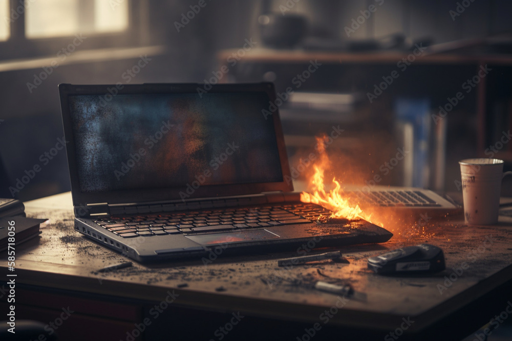 burning laptop, created by a neural network, Generative AI technology ...